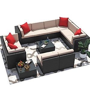 Greesum Patio Furniture Sets 12-Pieces Outdoor PE Rattan Sectional Sofa with Thickened Cushions and Glass Coffee Table, Beige