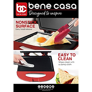 Bene Casa - Red Nonstick Flat Grill Sandwich Maker - Includes Cool-touch Handles and Die Cast Aluminum Cooking Surface