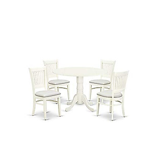 East West Furniture DLVA5-LWH-C Dublin 5 Piece Set for 4 Includes a Round Table with Dropleaf and 4 Fabric Kitchen Dining Chairs, 42x42 Inch, Linen White