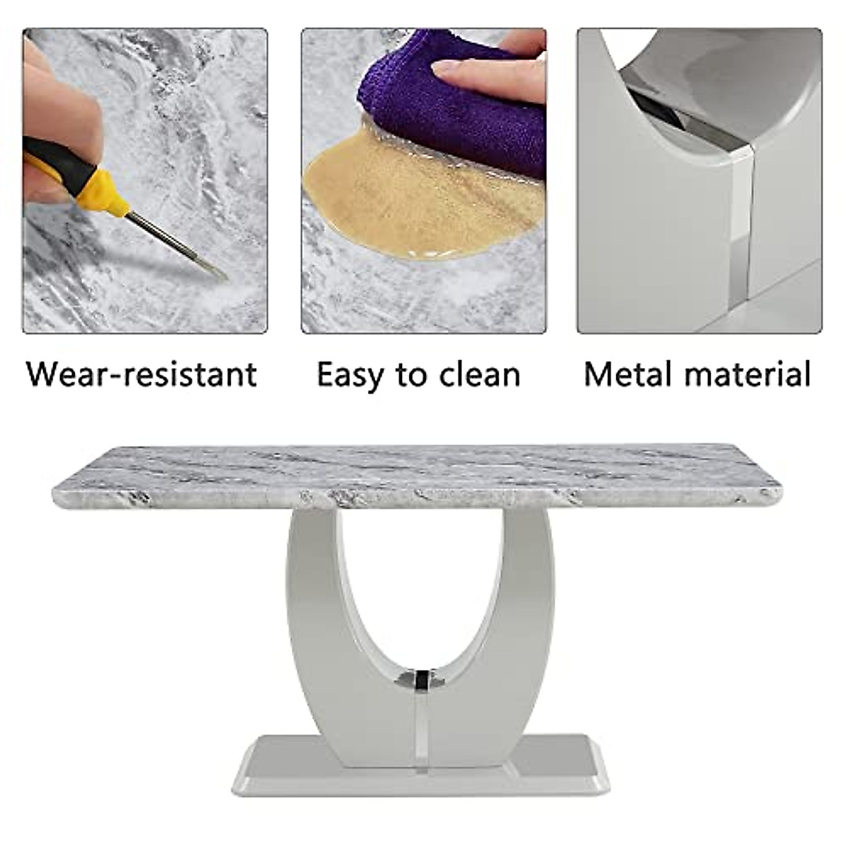 JUFU Modern Dining Table Set for 6,Rectangula Kitchen Table Set with Faux Marble Tabletop＆6 Pu Leather Upholstered Chairs Ideal for Dining Room, Kitchen (Light Grey, 1 Table with 6 Chairs)