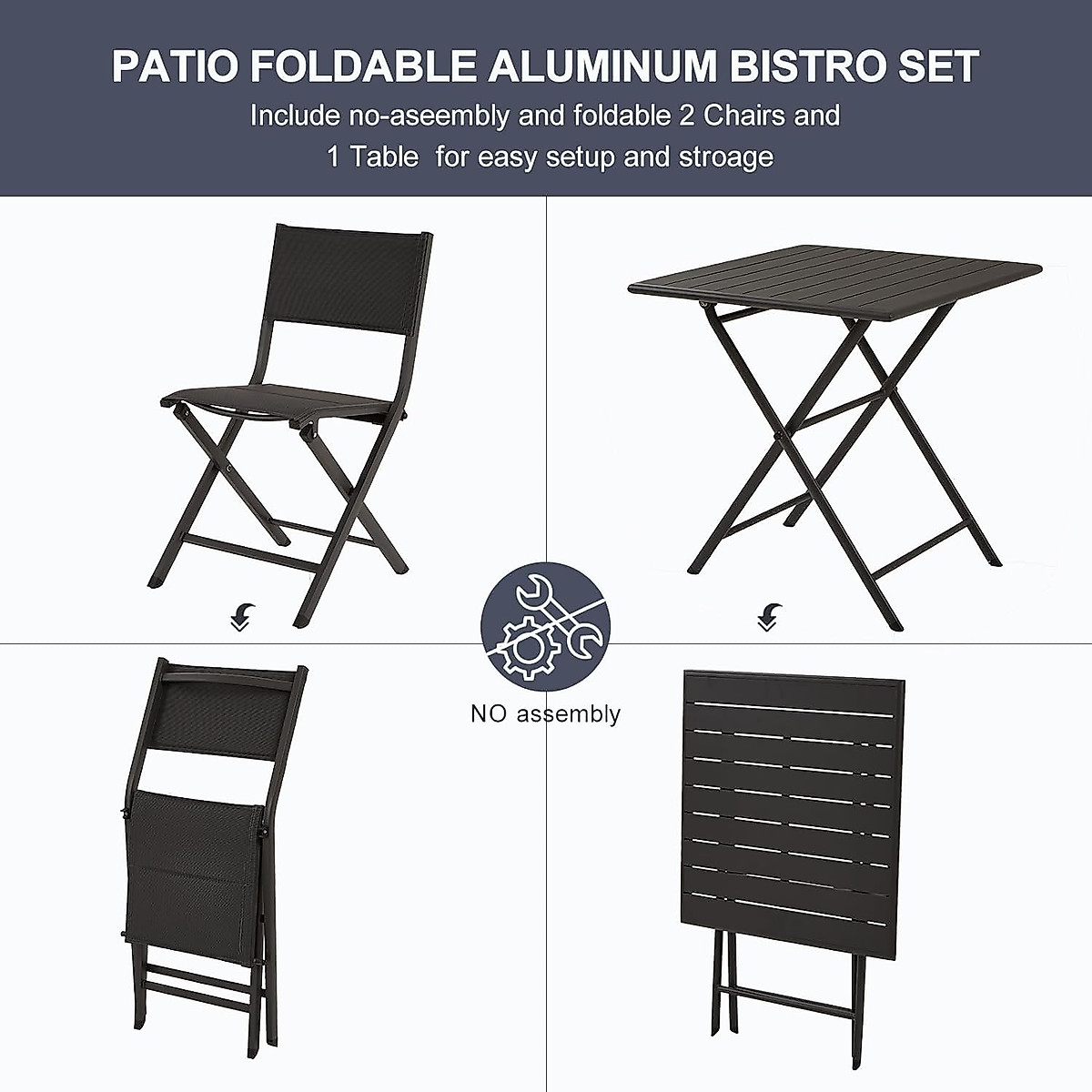 RICNOD Textilene Folable Patio Bistro Set, Padded Aluminum Rustproof Outdoor Seating Set with Table and 2 Chairs, for Porch, Garden, Backyard, Dark Grey
