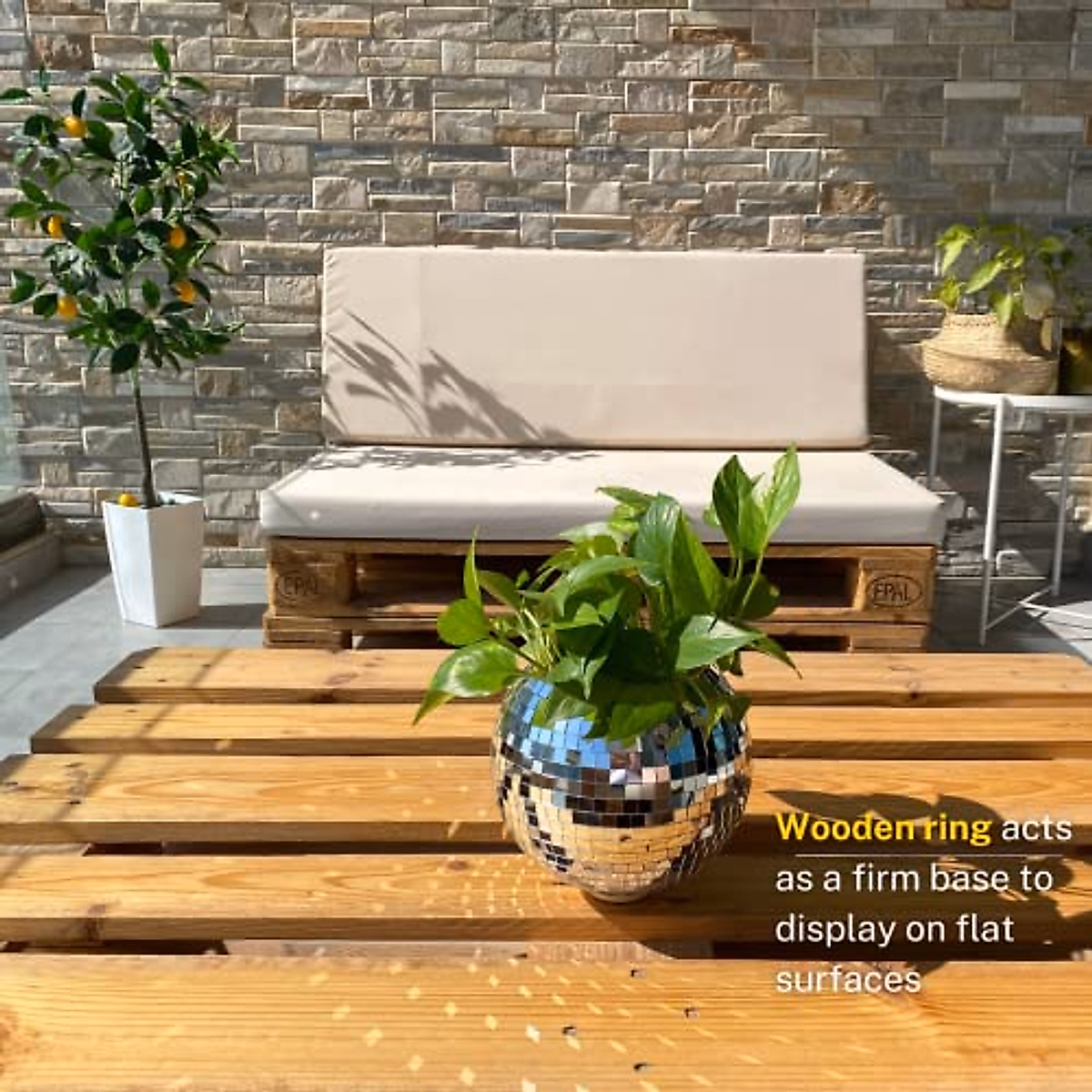 United World Creations Disco Ball Hanging Planter | Retro Decor Planter with Wood Stand, Chain and Macrame Plant Hanger | Large 8 inch Silver with Drainage Hole