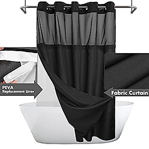 No Hook Slub Textured Shower Curtain with Snap-in PEVA Liner Set - 71" x 74"(72"), Hotel Style with See Through Top Window, Machine Washable & Water Repellent Fabric, Black, 71x74