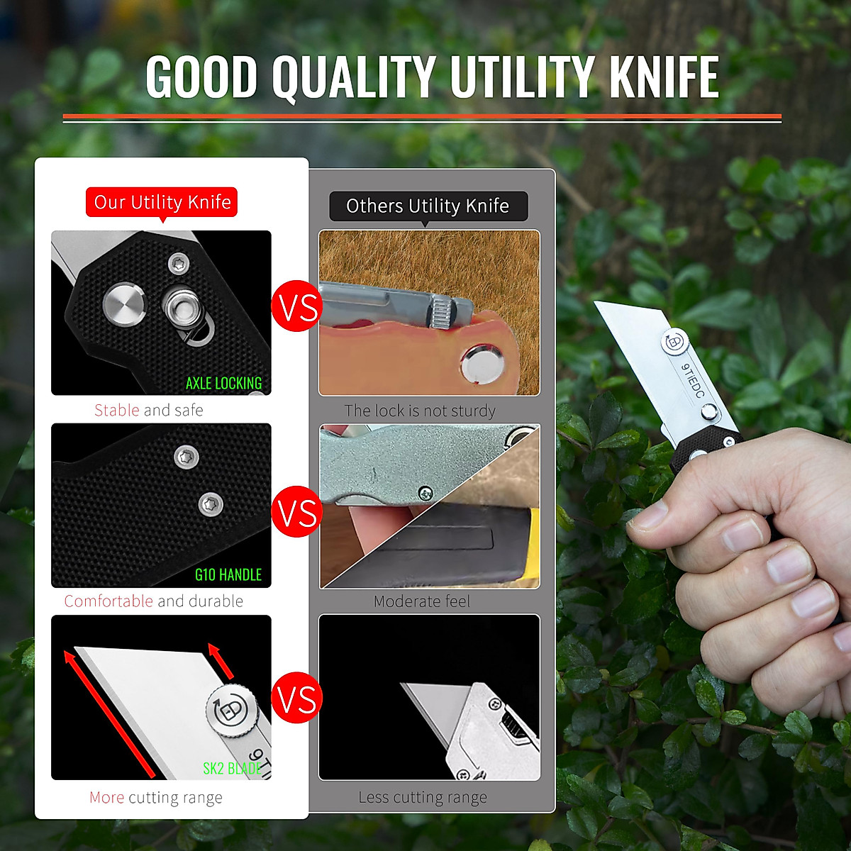 9TiEDC Folding Utility Knife,G10 Handle Heavy Duty Safety Box Cutter,Razor Knife & EDC Pocket Knife with Extra 10PC Blades,Perfect for Household Tools,Office,Factory,Outdoor Use.