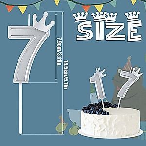 3inch Crown Number Candle, 3D Birthday Number Candle Cake Topper with Crown Cake Numeral Candles Number Candles for Birthday Anniversary Parties (Silver, 7)