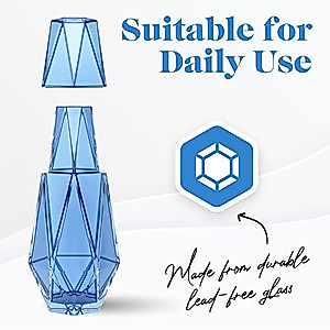 Modern Geometric Bedside Carafe | 2-Piece Set - Bedside Water Carafe | Glass Carafe with Cup that Doubles as Lid | Bedside Water Carafe and Glass Set in Blue (37oz)