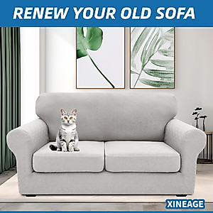 XINEAGE 2025 New 3 Pieces Couch Covers for 2 Cushion Sofa Super Stretch Loveseat Slipcover Pet Dog Universal Slip Cover Anti Slip Love Seat Furniture Protector (Silver Grey, 55"-69")