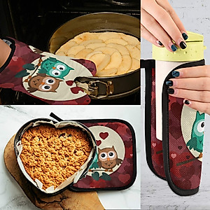 Valentines Day Owls Oven Mitts and Pot Holders Sets Red Mothers Day Heat Resistant Hot Pads Cooking Gloves Handling Kitchen Cookware Bakeware BBQ