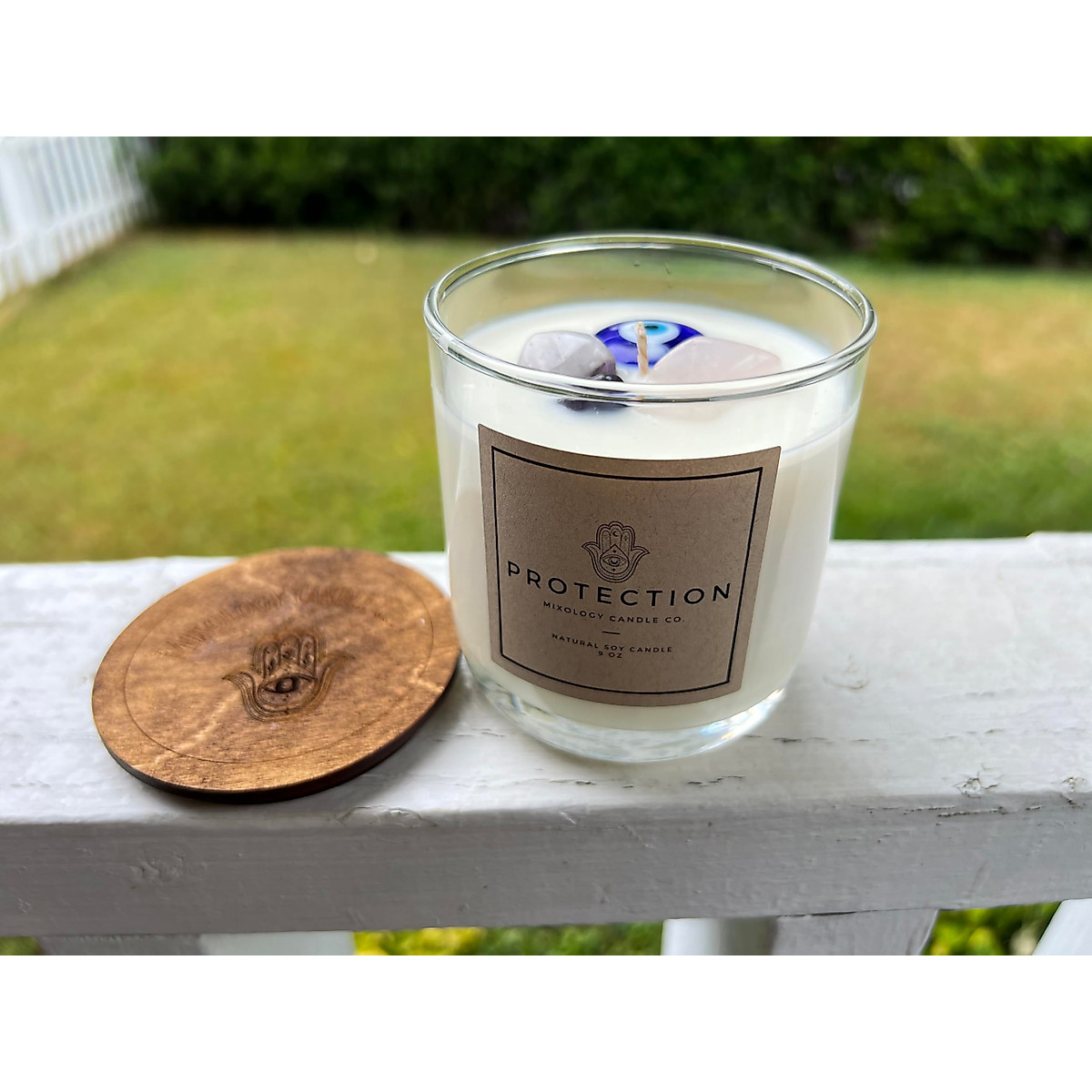 Evil Eye Protection Candle, Pink Quartz, Amethyst Infused, Lavender and Chamomile Scent, 10 oz Glass Jar with Hamsa Hand Positive Energy Beeswax and Soy Wax