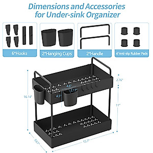Ormeli Under Sink Organizer, 2 Tier Bathroom Sink Storage Under Cabinet Organizer Baskets Kitchen Countertop Organizer Multi-purpose Bath Collection Baskets with 6 Hooks 2 Hanging Cups(1 Pack, Black)