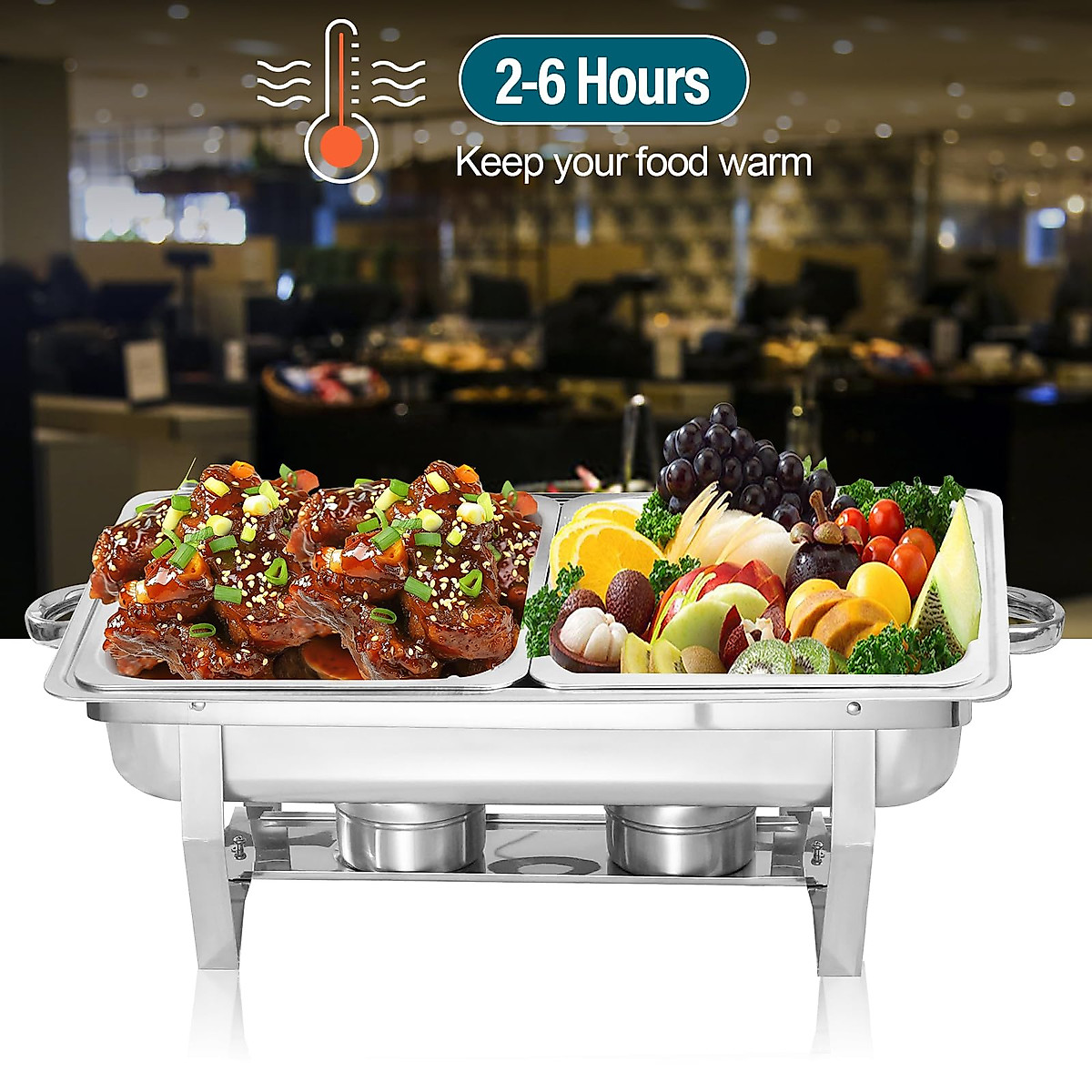 EVGTTI Chafing Dish Buffet Set 8 QT Stainless Steel, Half Size Pan, Buffet Servers and Warmers Chaffing Servers with Covers Folding Stand Food Warmer for Parties Buffets (4-Pack)