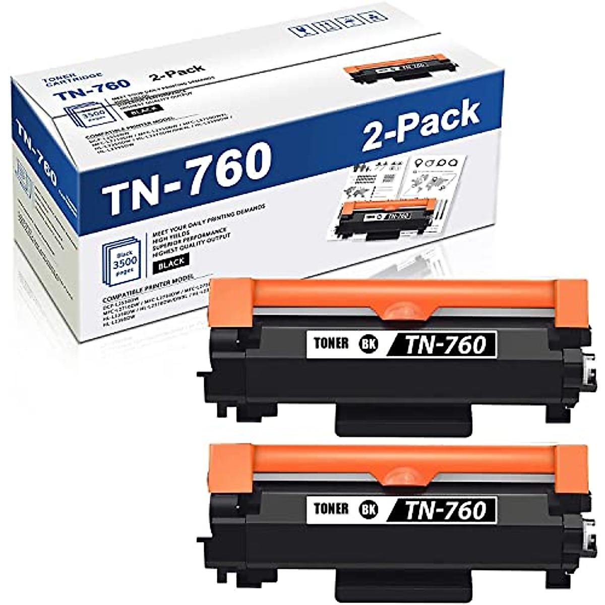 MaxColor 2 Pack Black TN-760 Toner Compatible TN760 High Yield Toner Cartridge Replacement for Brother DCP-L2550DW MFC-L2750DWXLL2750DW HL-L2370DW/DWXL L2350DW L2395DW L2390DW Printer,TN760-2PK