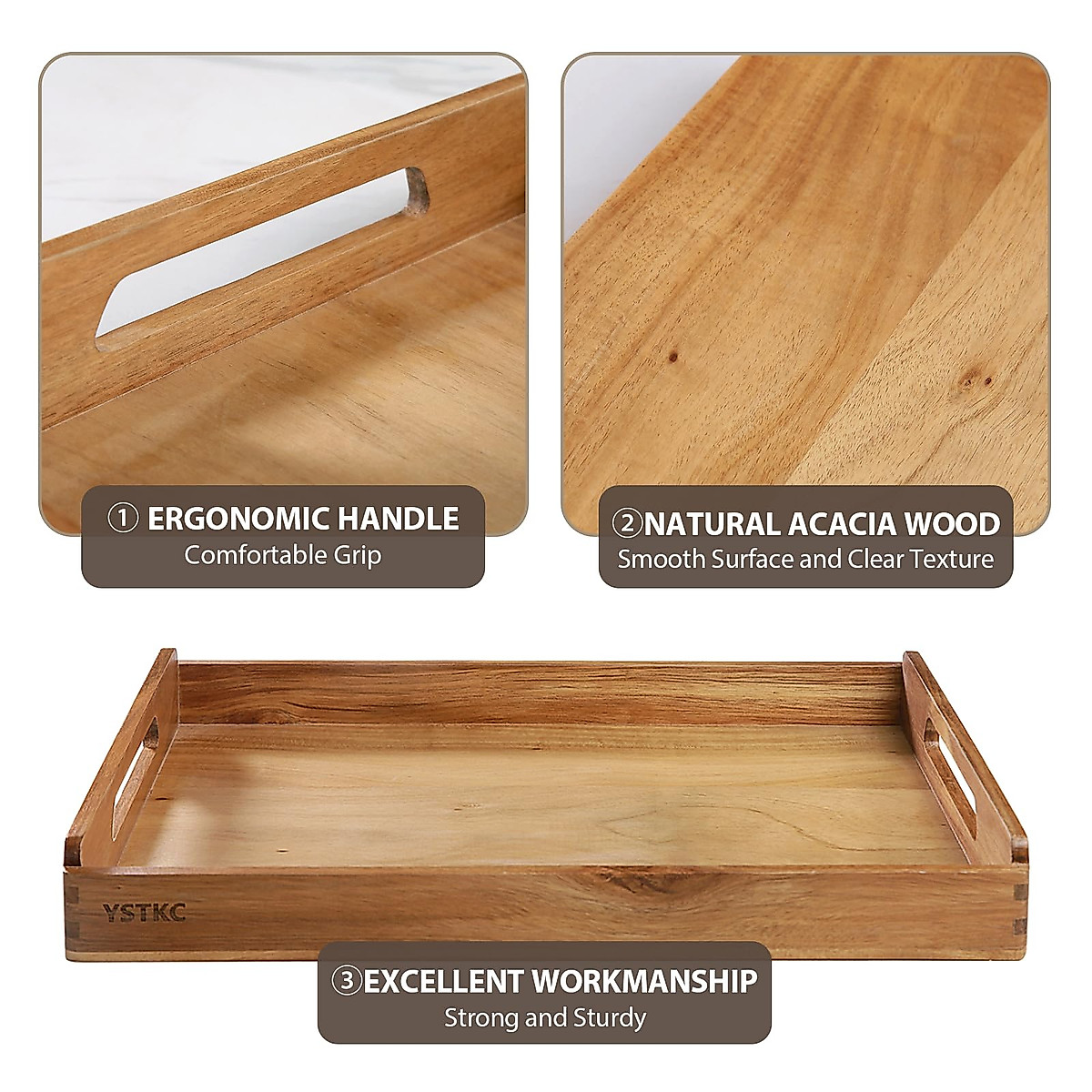 YSTKC Acacia Wood Serving Tray with Handles 16.5 Inches, Decorative Tray Food Drinks Trays Breakfast Tray Serving Tray Platter in Bed, Ottoman, Coffee Table, Party, Couch, Bar, BBQ, Lap