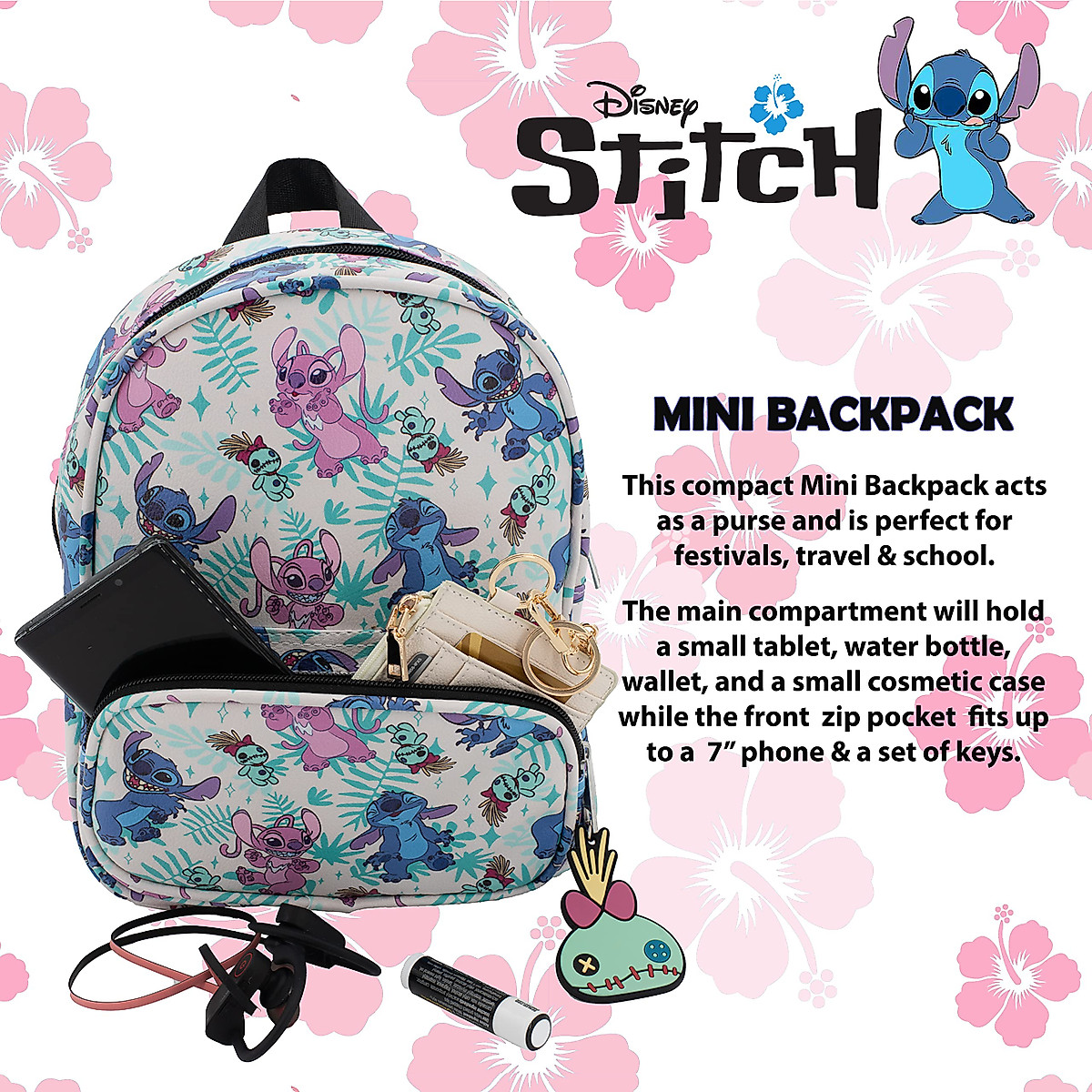 Disney Stitch & Angel Mini Backpack with Allover Print & Molded Scrump Dangle, 10.5 Inches, Adjustable Straps, Faux Leather