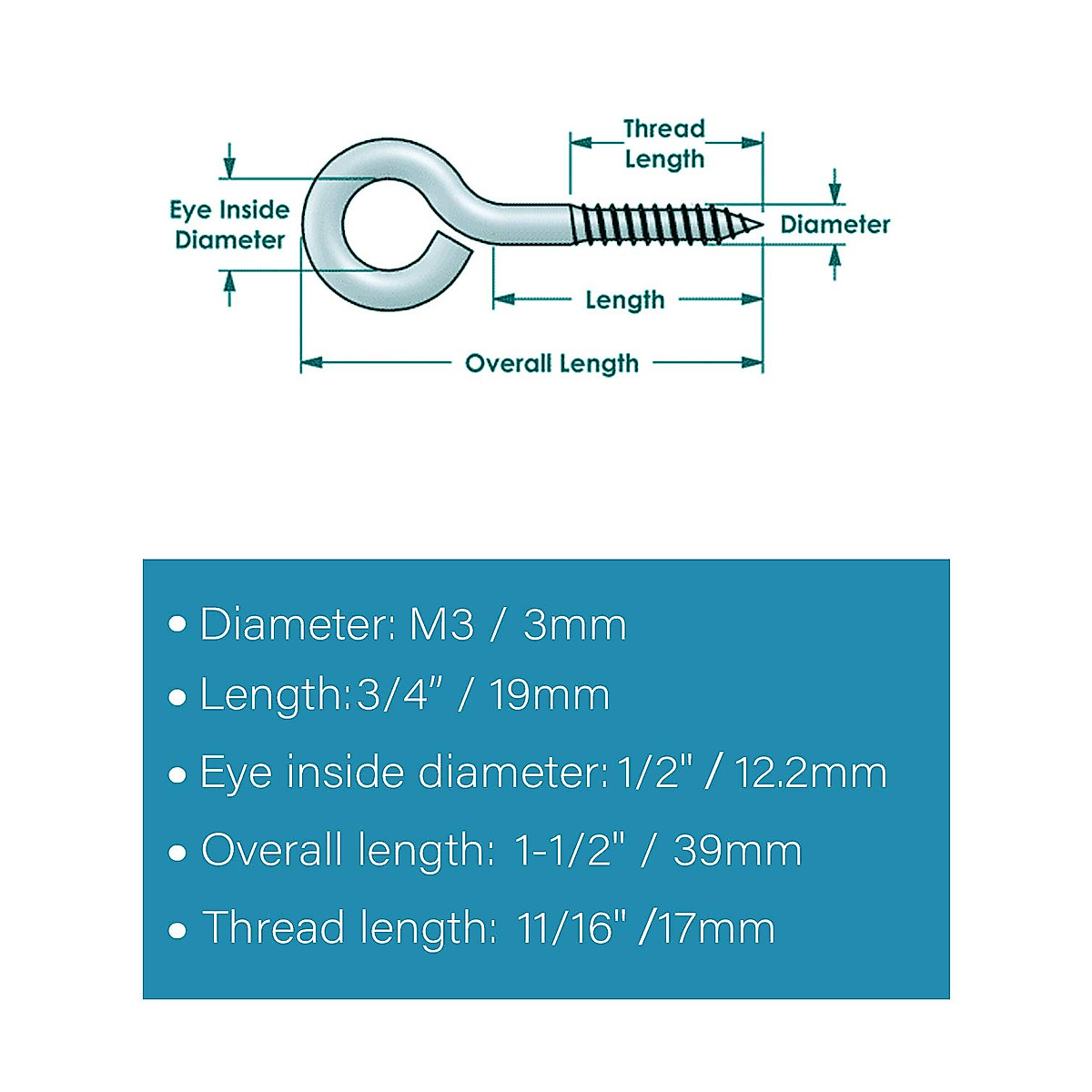 M3 x 1-1/2" Screw Eyes (20pcs) Small Eyelet Screws Lag Eye Bolt 18-8 Stainless Steel 304 Heavy Duty Vine Eyes Screw by IMScrews