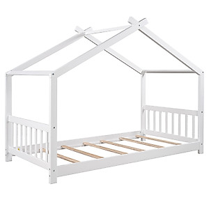 Harper & Bright Designs Twin House Bed for Kids, Floor Bed Frame Twin with Headboard and Footboard, Wooden Twin Kids Bed Montessori Floor Bed for Toddlers, Girls, Boys,White