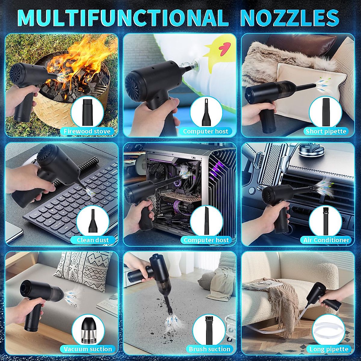 Compressed Air Duster-Vacuum Keyboard Cleaner-Air Blower 3-in-1-100000RPM-Electric Air Dusters-Replace Compressed Air Cans for PC,Computer Keyboard,Car Dusterpc Cleaning