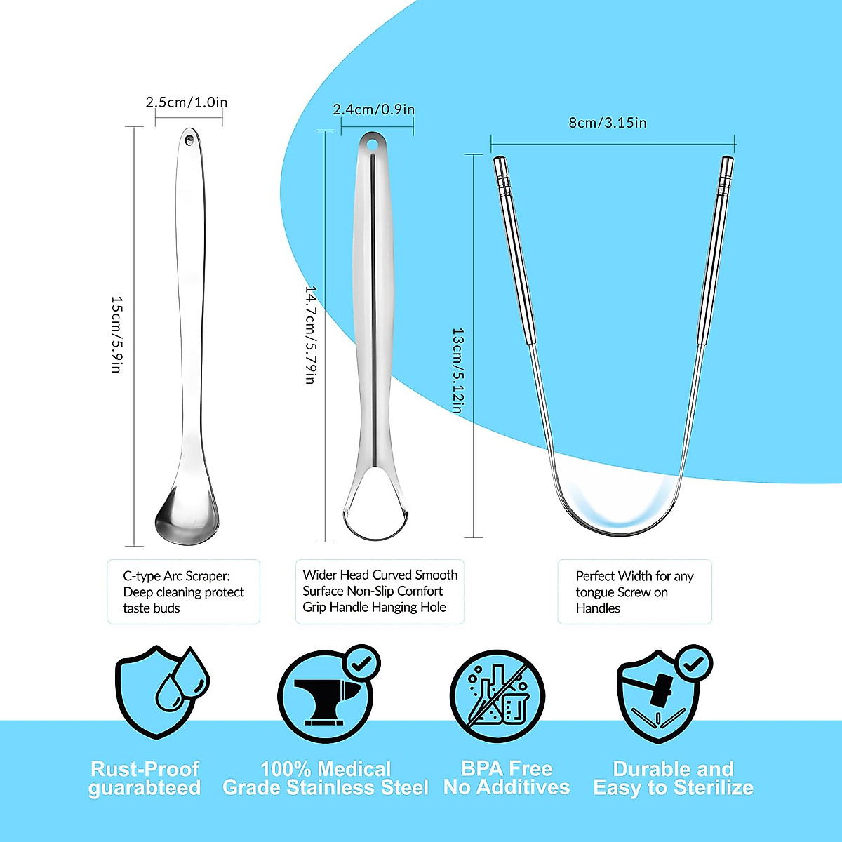 Sopurrrrdy 4PCS Metal Tongue Scraper Portable Stainless Steel Tongue Scrubber For Child And Adults Removing Bad Breath White Layer Oral Care Cleaning Tools