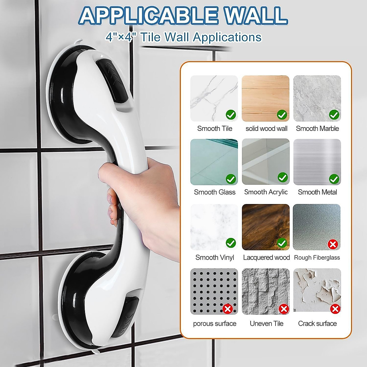 Grab Bars for Bathtubs and Showers, 2 Pack Shower Handle 12 Inch Strong Suction Shower Bar, Safety Bars for Shower Chair, Bathroom Grab Bar for Senior -Black White