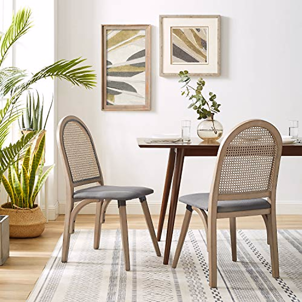 Art Leon Mid Century Modern Linen Upholstered Dining Side Chair with Rattan Woven Backrest, 1 Pcs, Dark Grey