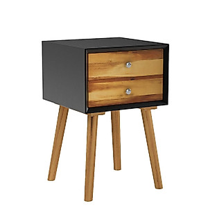 Giantex Nightstand with 2 Drawers Set of 2, Mid Century Modern Bedside Table with Solid Wood Legs, Practical End Side Table for Living Room Bedroom Small Space, Night Stand, Black & Walnut