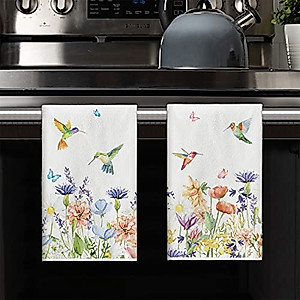 Artoid Mode Anemone Flower Hummingbird Kitchen Towels Dish Towels, 18x26 Inch Seasonal Spring Summer Wild Floral Holiday Decoration Hand Towels Set of 2