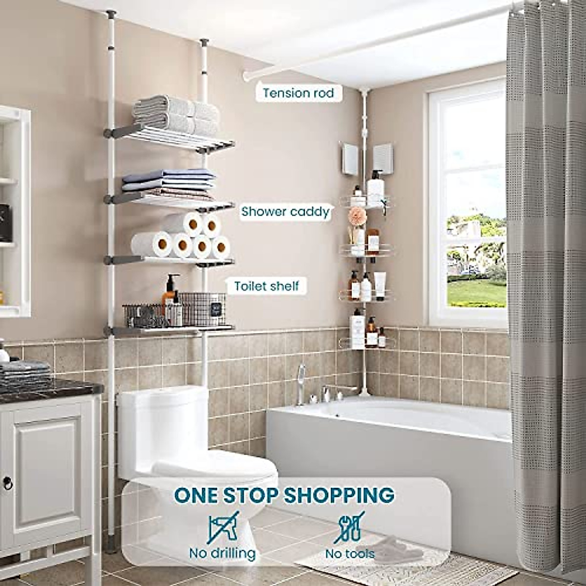 ALLZONE Rustproof Shower Caddy Corner for Bathroom,Bathtub Storage Organizer for Shampoo Accessories,4 Tier Adjustable Shelves with Tension Pole, 56 to 114 Inch, Silver