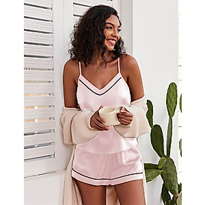Ekouaer Satin Pajamas Women's Soft Sleepwear Lingerie Silk Cami Shorts Set Nightwear Pink,Medium