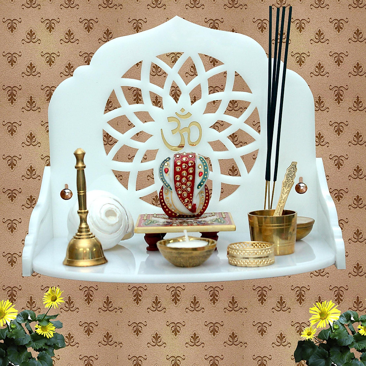 Heartily : Wall Mounted White Cast Acrylic Home Pooja Temple Mandir Puja Room Items Stand Home Decor Office Chowki Shelf Hanging Product (Height- 9.92, Length- 12 , Width-9.0 Inch) (White)