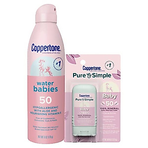 Coppertone WaterBabies Sunscreen Spray, SPF 50 Baby Sunscreen, Spray On Sunscreen, 6 Oz and Pure and Simple Sunscreen Stick, SPF 50, 0.49 Oz