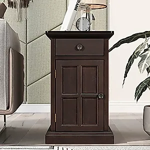 Traditional Wood End Table with Charging Station, Modern Vintage Sofa Chair Side Table Nightstand with Storage & Drawer for Living Room Bedroom, No Assembly, Antique Espresso