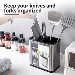 WanWanKa Kitchen Utensil Holder, Rotating Stainless Steel Utensil Caddy with Removable Divider, Countertop Utensil Organizer with Detachable Base