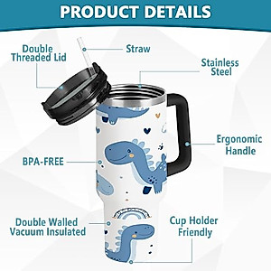 FRCSDIY Cartoon Dinosaur Insulated Tumbler with Handle and Straw Lid,40oz Leakproof Stainless Steel Cup BPA-Free Water Bottle