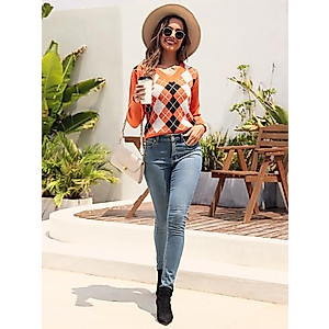 ZAFUL Women's Argyle Sweater V-Neck Cropped Sweater Long-Sleeve Plaid Sweater Pullover Jumper Knit Top (1-Orange,S)