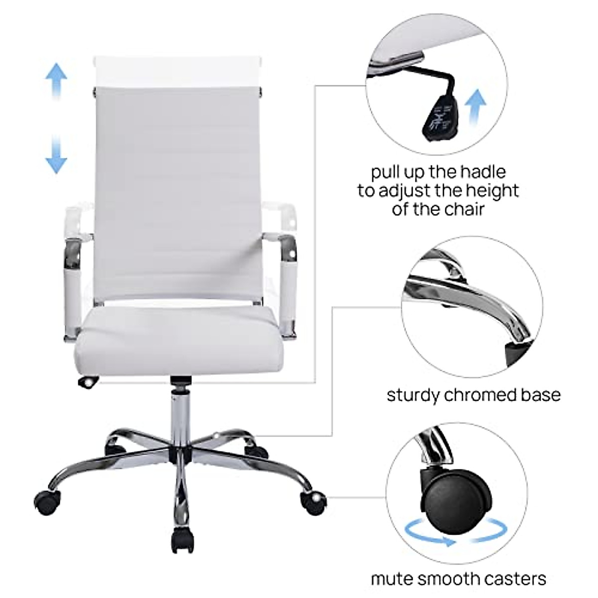 Office Task Chair, Beatmart INC Ergonomic Desk Chair Leather Conference Room Chairs Height Adustable | Ribbed High Back | Swivel Rolling Executive Chair White