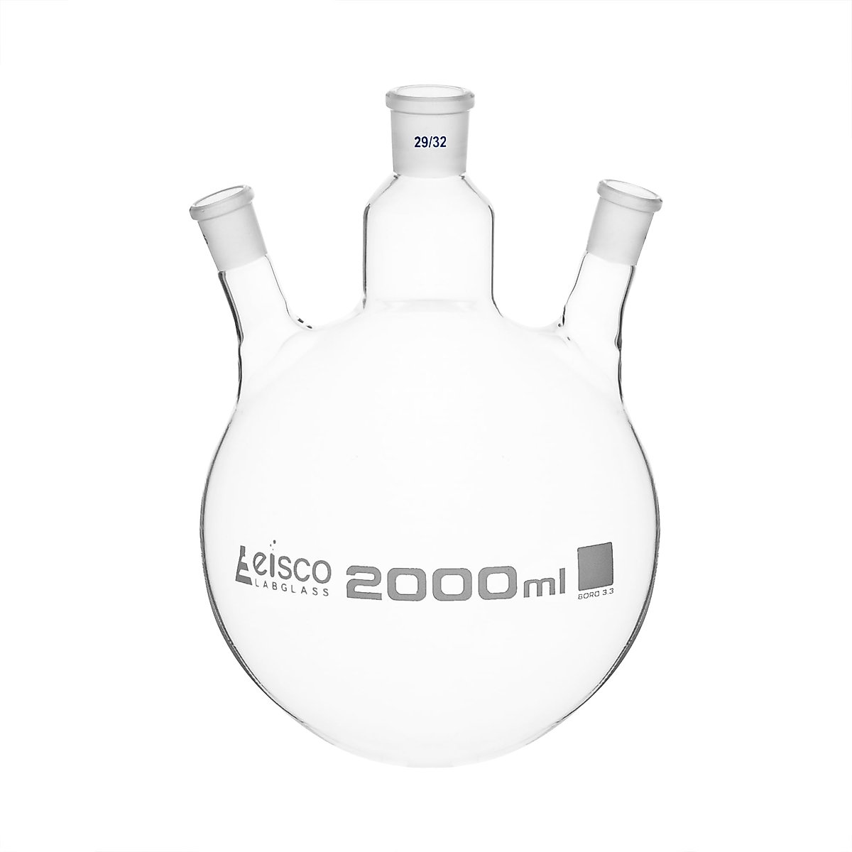 EISCO Distilling Flask, 2000ml - 3 Parallel Necks, 29/32 Center, 19/26 Side Sockets Interchangeable Ground Joints Round Bottom Borosilicate Glass- Eisco Labs