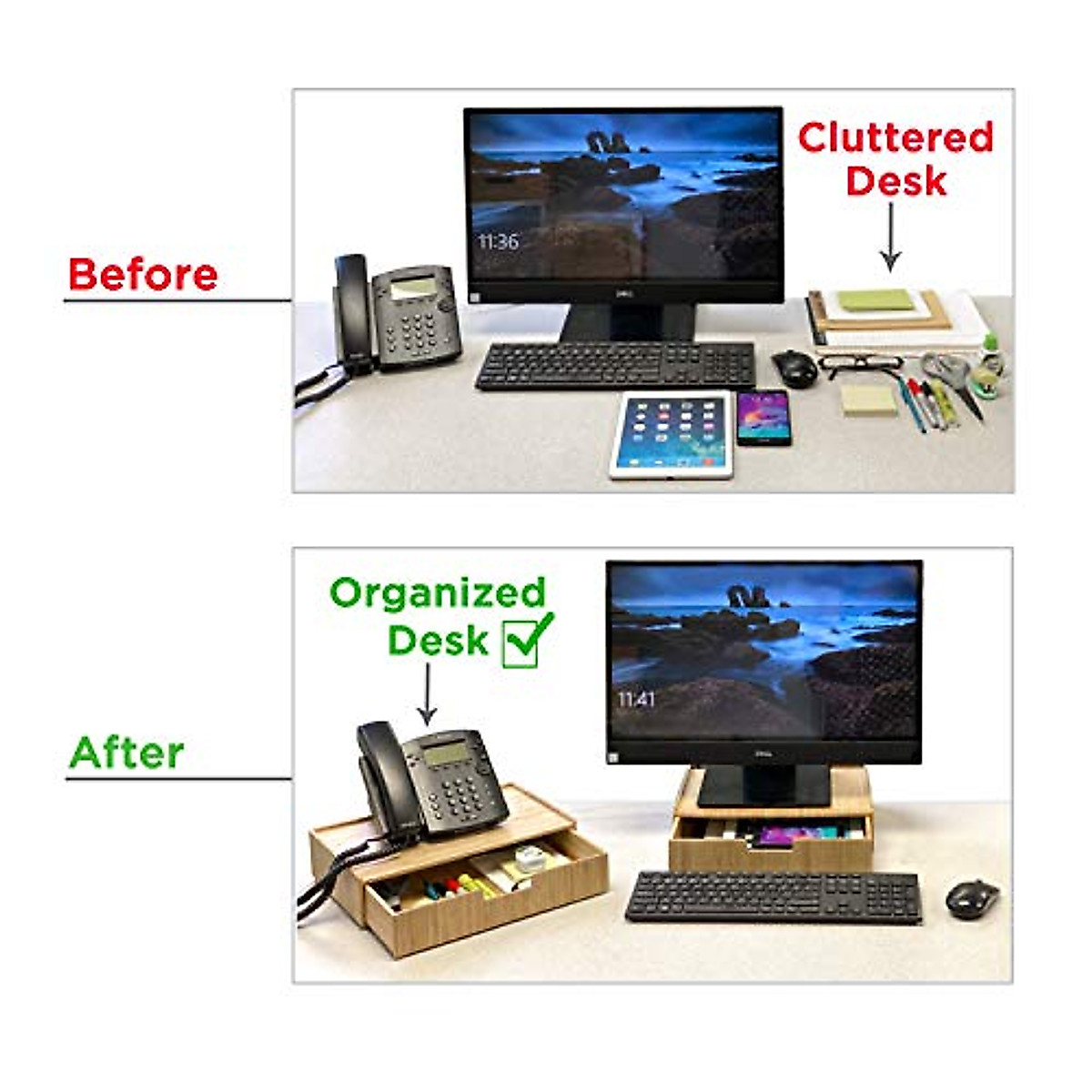 Bamboo Drawer Large, Monitor Stand & Stackable Storage Solution for Office Products pens, Pencils, Scissors, notepads, Business Cards and More