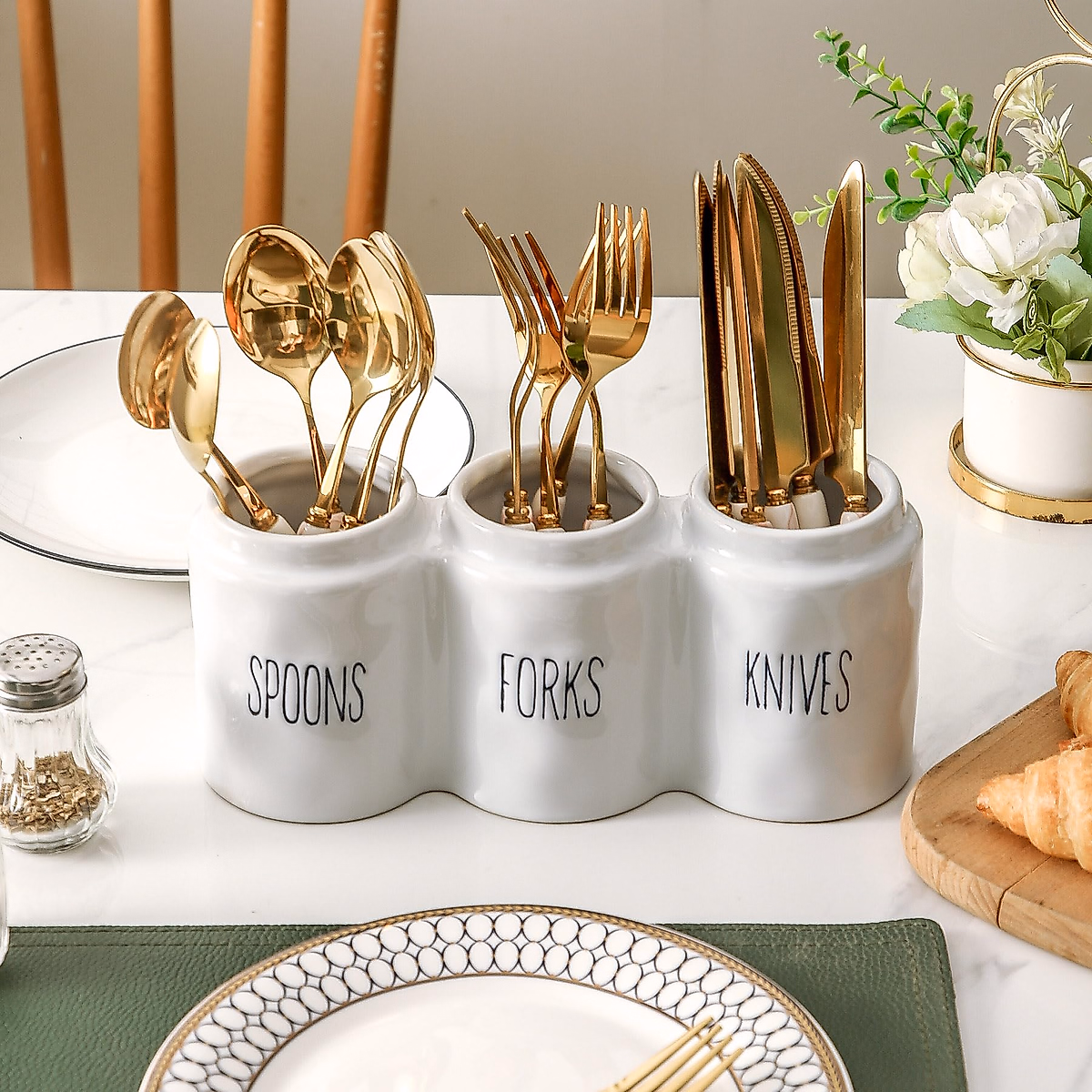 Howise Silverware Holder, Ceramic Spoon and Fork Holder, Silverware Holder for Countertop, Utensil Holder Cutlery Organizer for Knife