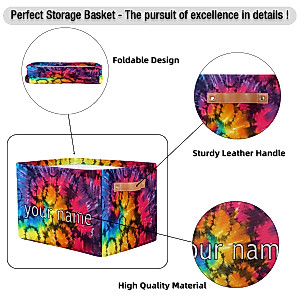 OMFUNS Personalized Storage Basket Swirl Tie Dye Custom Foldable Storage Bin Rainbow Art Fabric Rectangular Storage Box Organizer for Closet Shelf Home Nursery Toy Basket, 2 Pack