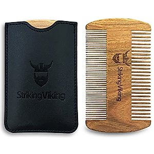 Sandalwood Beard Comb and Case - Pocket Sized Wooden Beard & Mustache Comb with Fine & Coarse Teeth - Perfect for Use with Balms and Oils - Striking Viking (Black)