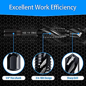 6 Packs Combination Drill & Taps Bit Set, Screw Tapping in SAE Size 6-32nc 8-32nc 10-32nc 10-24nc 12-24nc 1/4-20nc with Anti-Rust Black Coating, 1/4” Hex Shank and Storage Case