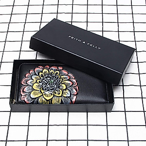 FEITH&FELLY Women RFID Blocking Wallet Embossed Genuine Leather Wristlet Clutch Purse Handbag