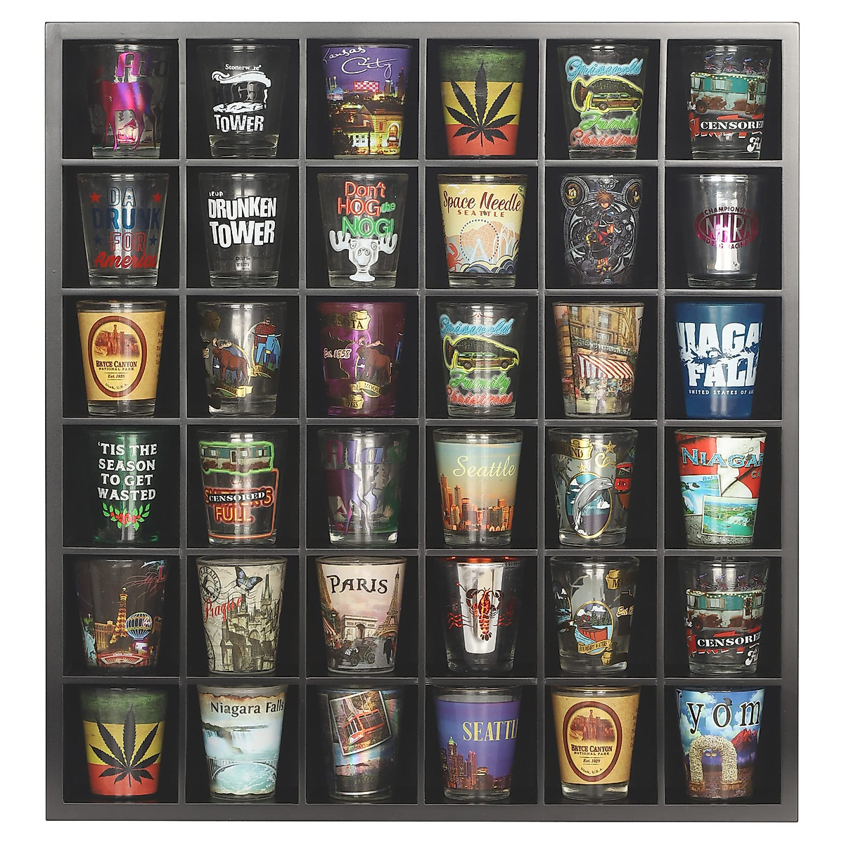 Black Shot Glass Display Case 36 Slots Minifigures Thimble Collection Display Rack 17.25" H X x 15.75" W - No Door (for All Short Shot Glasses)