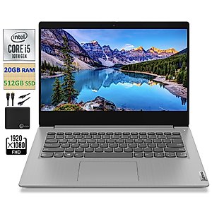 Lenovo 2021 Newest IdeaPad 3 14" FHD Screen Laptop Computer, Intel Quad-Core i5-1035G1 Up to 3.6GHz (Beats i7-8550U), 20GB DDR4 RAM, 512GB PCI-e SSD, Webcam, WiFi, HDMI, Windows 10 + Marxsol Cables