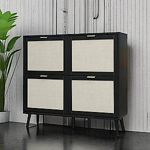 ZeHuoGe Large Rattan Shoe Cabinet with 4 Flip Drawers, Black 2-Tier Shoe Rack Boho Storage Cabinet for Heels, Boots, Slippers, Free Standing Shoe Rack, Entrance Hallway (Black)