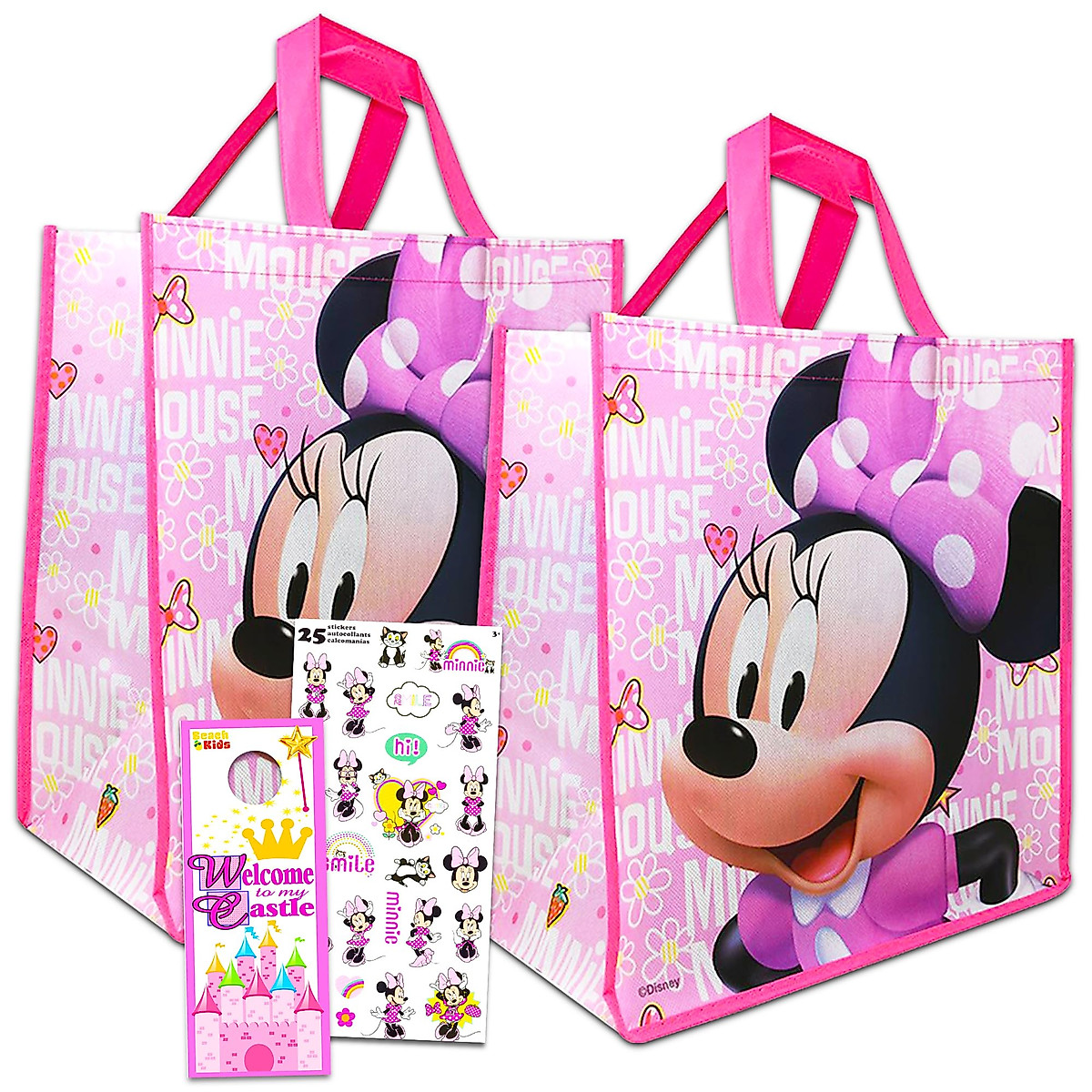 Disney Minnie Mouse Tote Bags Value Pack - 2 Reusable Large Tote Grocery Party Bags Featuring Minnie Mouse with Minnie Stickers