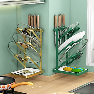 Pot Lid Organizer, Spoon Rest, Knife Rack, Multi-function Pot Lid Pan Cooking Board Spatula Kitchen Utensil Stand Cover Holder, Wall/Door Mounted Cabinet Storage Organizer with Removable Tray