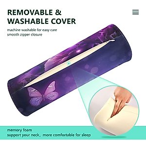 xigua Purple Butterfly Neck Roll Pillow for Neck Relief with Removable Washable Cover - Memory Foam Round Cylinder Bolster, Ergonomically Designed for Head, Neck, Back, and Legs