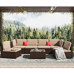 LHBcraft 7 Piece Patio Furniture Set, Outdoor Furniture Patio Sectional Sofa, All Weather PE Rattan Outdoor Sectional with Beige Cushion and Glass Table, Clips.