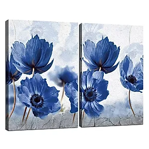 HJY Art 2 Piece Abstract Flower Wall Art for Bathroom Canvas Floral Wall Decor White and Blue Modern Home Living Room Dining Room Bedroom Office Painting Poster Framed Artwork (24''W x 32''H x2)